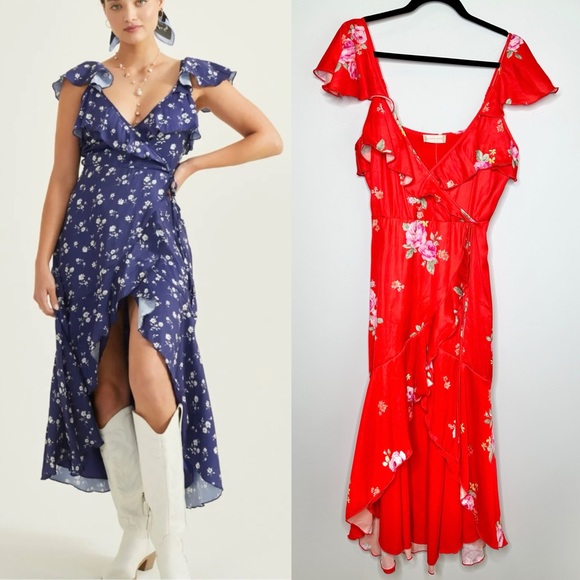 Altar'd State | Dresses | Nwt Altard State Red Floral Faux Wrap Midi ...